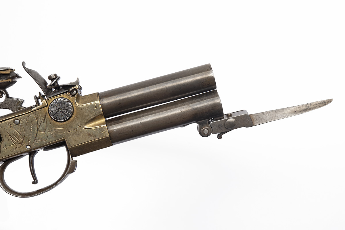 50-BORE FLINTLOCK TAP-ACTION OVER-UNDER BRASS-FRAMED TRAVELLING PISTOL ...